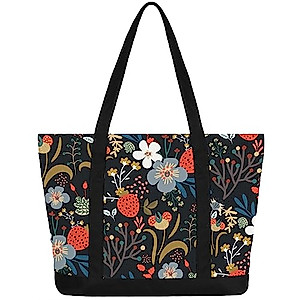 bisibuy Floral Flowers Leaves Berries Tote Bag Tote Bag for Women Reusable Grocery Shopping Cloth Bags with Zipper Large Capacity Foldable Handbag Gym Bag for Gift Activity