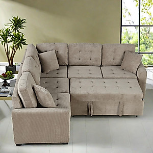 ChicFurnit 82.6-Inch L-Shape Sofa Bed with Pull-Out Sleeper & Wheels,Modular Couch with USB Ports & Power Sockets,Three Pillows with Removable Cover,for Living Room,Khaki