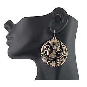 Antique Goldtone Embedded Nefertiti, Ankh Cross and Wings Design Dangle Earrings (R-3665)…