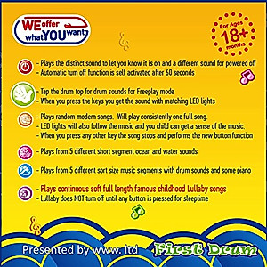 Portable First Drum Musical Instrument - Educational Toy for Children Learning and Entertainment. Small Size and Soft Sounding