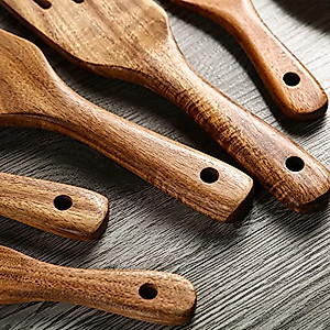 As Seen On TV, 5 Pcs Wooden Spurtle Set, NAYAHOSE Teak Wood Kitchen Utensils for Cooking, Wooden Slotted Spurtle Set for Stirring, Mixing, Serving