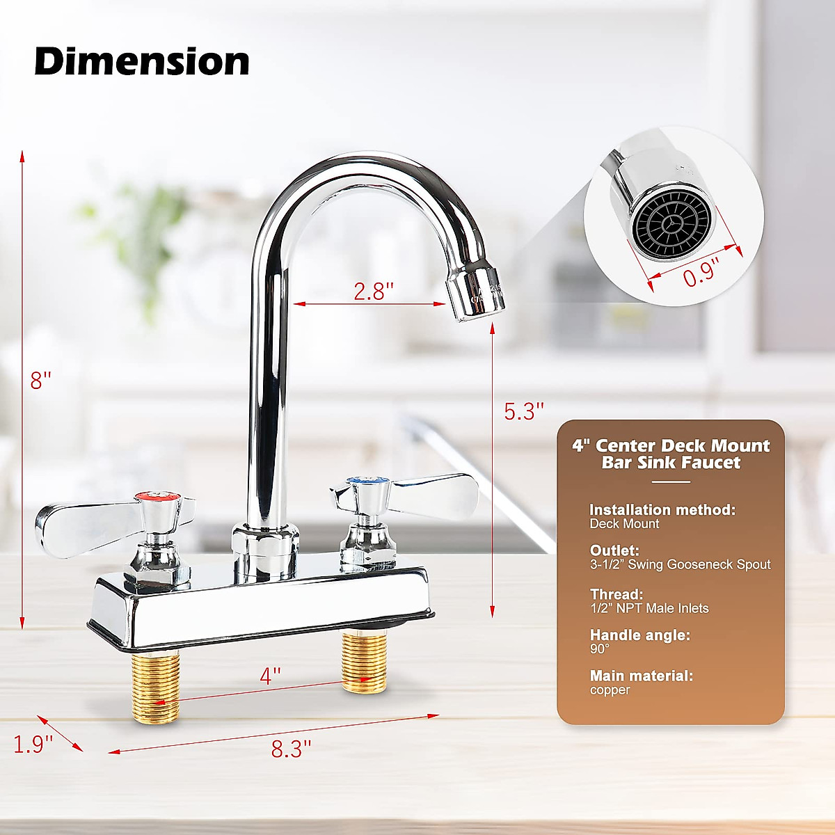 Commercial Bar Sink Faucet 4 Inch Center Deck Mount Bar Sink Faucet 2 Hole Brass Constructed & Chrome Polished with 3-1/2" Gooseneck Spout & Dual Lever Handles
