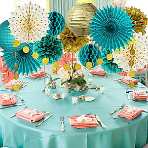 Teal Blue and Gold Party Decoration Tissue Pom Poms Flowers Teal Paper Fans Lanterns Gold Circle Dot Garland for Teal Gold Wedding Bridal Shower Engagement Women Birthday Turquoise Party Decorations