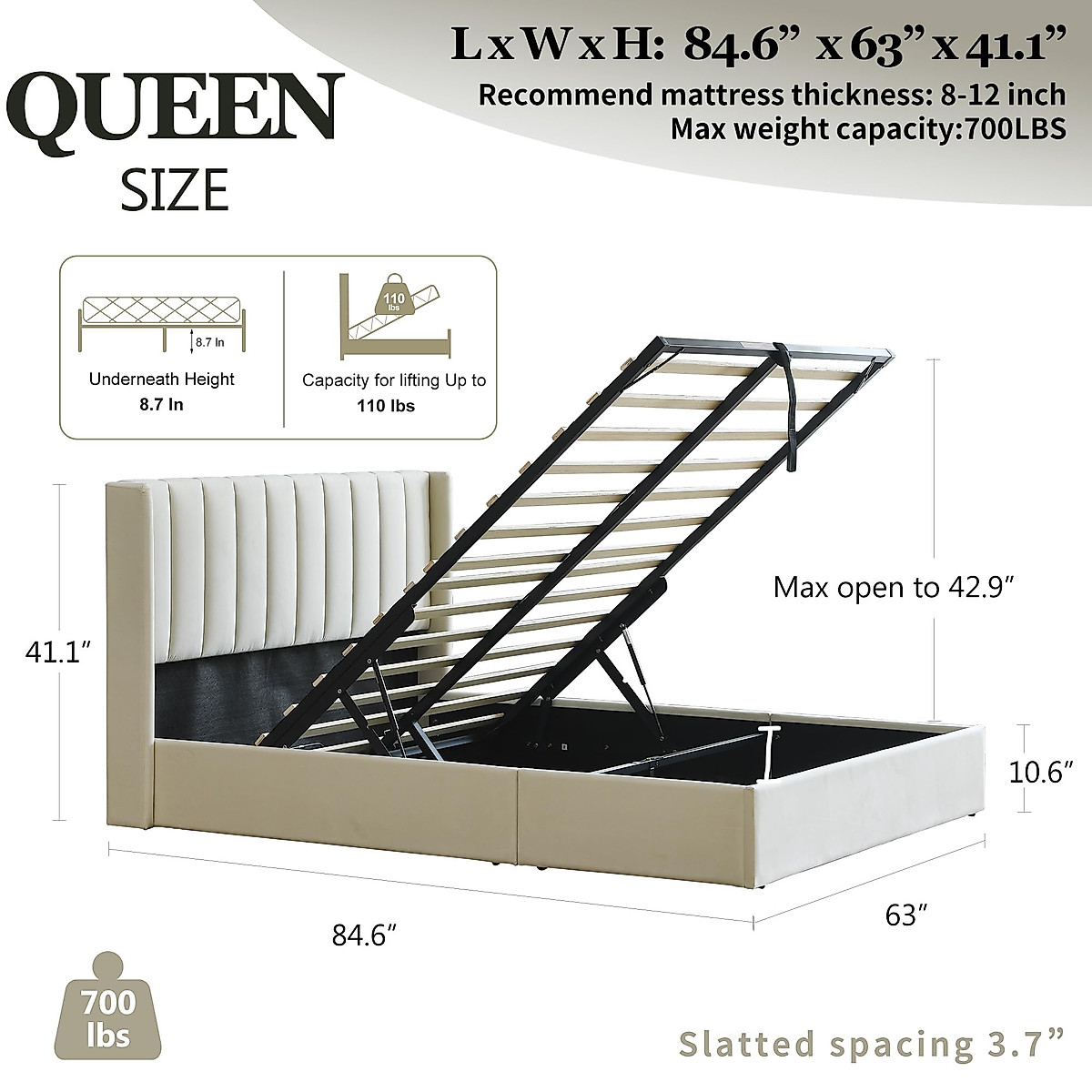 YUHUASHI Queen Size Hydraulic Storage Bed, Upholstered Platform Bed Frame, Modern Wingback Design Headboard, Velvet Fabric with Hydraulic Support Bars, No Box Spring Required (Cream, Queen)