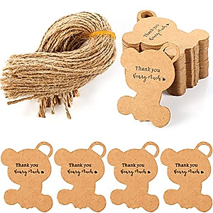 100 Pcs Thank You Tags Bear Tags Gift Tags Brown Kraft Paper Tags Hang Tags with Natural Twine for Crafts Baby Shower Gender Reveal Wedding Thanksgiving Christmas Birthday Party Favors