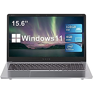 SGIN 15.6 Inch Laptop, 4GB DDR4 128GB SSD Windows 11 Laptops with Intel Celeron Quad Core J4105(up to 2.5 GHz), Intel UHD Graphics 600, Mini HDMI, WiFi, Webcam, USB3.0, Bluetooth 4.2