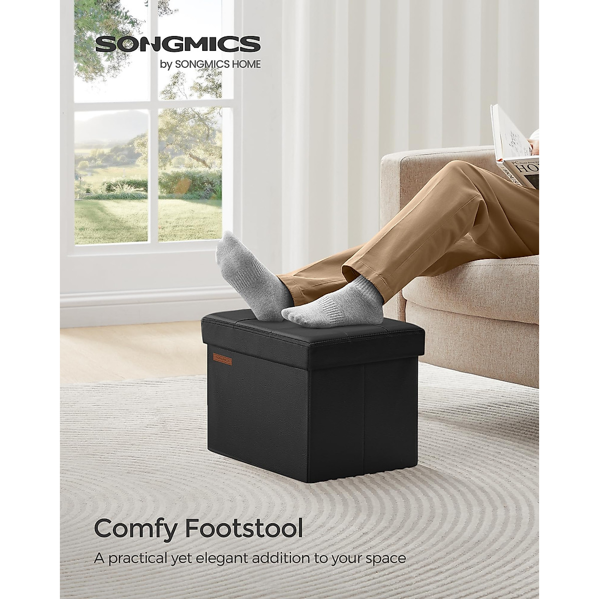 SONGMICS Small Folding Storage Ottoman, Set of 2, Foot Rest Stool, Cube Footrest, Synthetic Leather, 12.2 x 16.1 x 12.2 Inches, 286 lb Capacity, Living Room, Bedroom, Dorm, Ink Black ULSF100B21