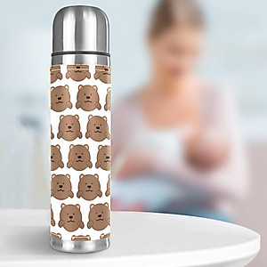 Stainless Steel Leather Vacuum Insulated Mug Bear Thermos Water Bottle for Hot and Cold Drinks Kids Adults 16 Oz