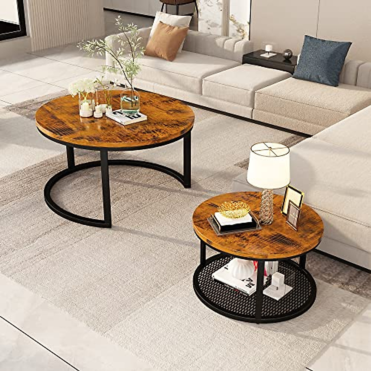 AWQM D006-F2 Nesting, 29" Coffee Table, Rustic Brown and Black