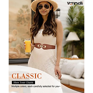 VONMELLI Wide Elastic Belts for Women Stretch Ladies Waist Belt Fashion Gold Buckle, Vintage Thick Brown Womens Belts for Dress, S