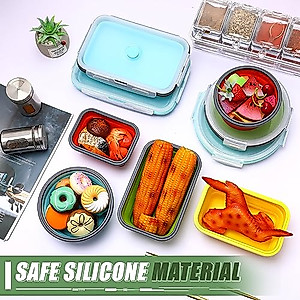 Dandat 9 Silicone Collapsible Food Storage Containers Foldable Silicone Lunch Containers Rectangle Round Airtight Collapsible Bowls with Lids Set for Kitchen Microwave Freezer Dishwasher Safe, 5 Color