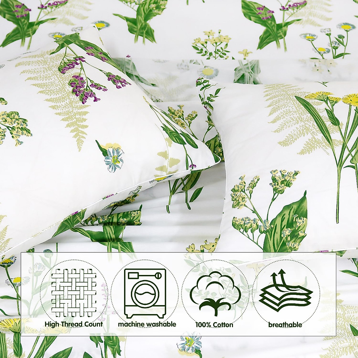FADFAY California King Size Sheets Set Premium 100% Cotton Green Floral Bed Sheet Botanical Lavender Leaf Daisy White Deep Pocket Fitted Sheet Soft Shabby Sheets Pillowcases Set 4Pcs, Cal King