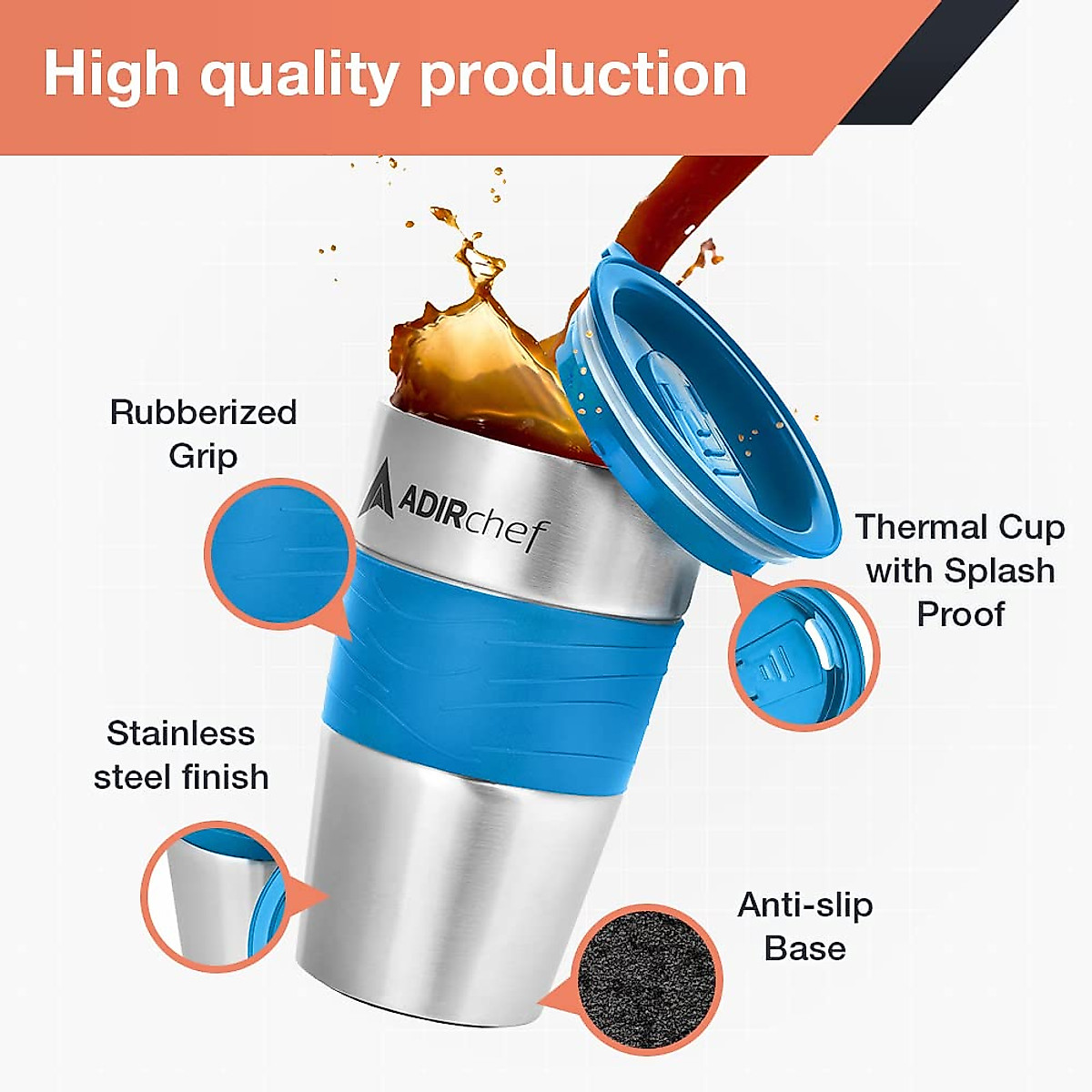 AdirChef Travel Mug 15 Oz - Insulated BPA Free Stainless Steel Vacuum Tumbler w/Spill Proof Slide Lid for Hot/Cold Drinks Great for Outdoor, Driving, Home or Office Use (Crystal Blue)