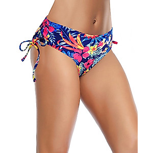 Tempt Me Women Blue Floral Bikini Bottoms Side Tie Adjustable Bathing Suit Swimsuit Full Coverage Swim Bottom M