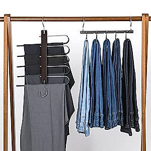 Wetheny Solid Wood with Stainless Steel Pants Hangers Space Saving,360° Rotating Chrome Swivel Hook with 5 Anti-Rust Trouse Hanger,Closet Clothes Organizer for Trousers Scarves Slack (1 Pack)