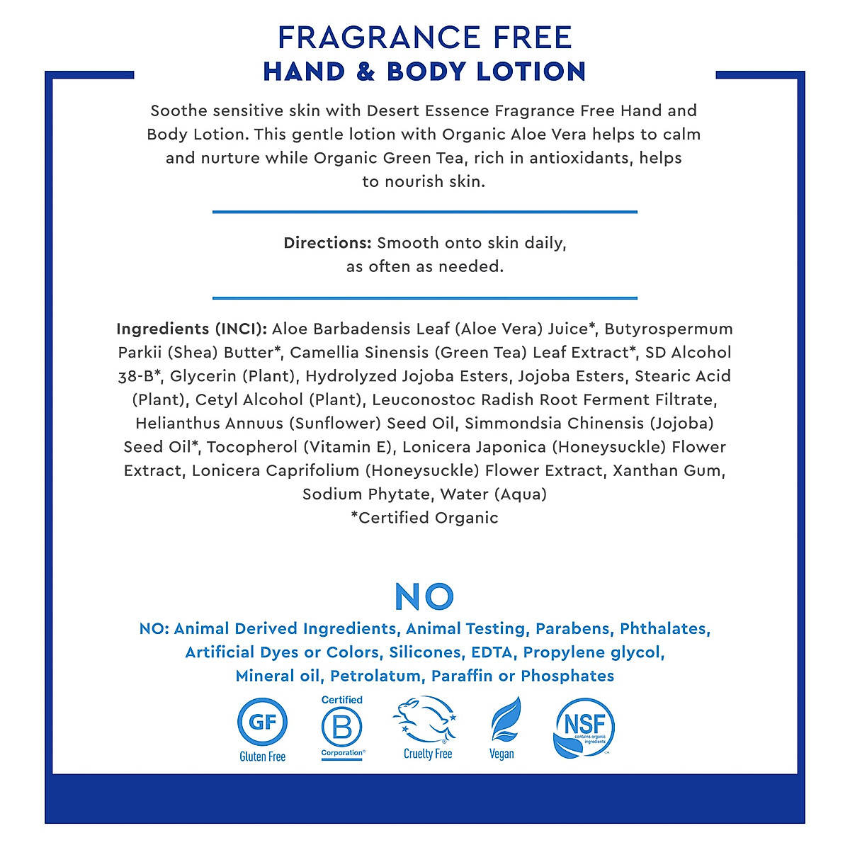 Desert Essence Fragrance Free Hand & Body Lotion - 8 Fl Ounce - Soothing - Aloe Vera - Shea Butter - Green Tea - Coconut Oil - Jojoba Oil