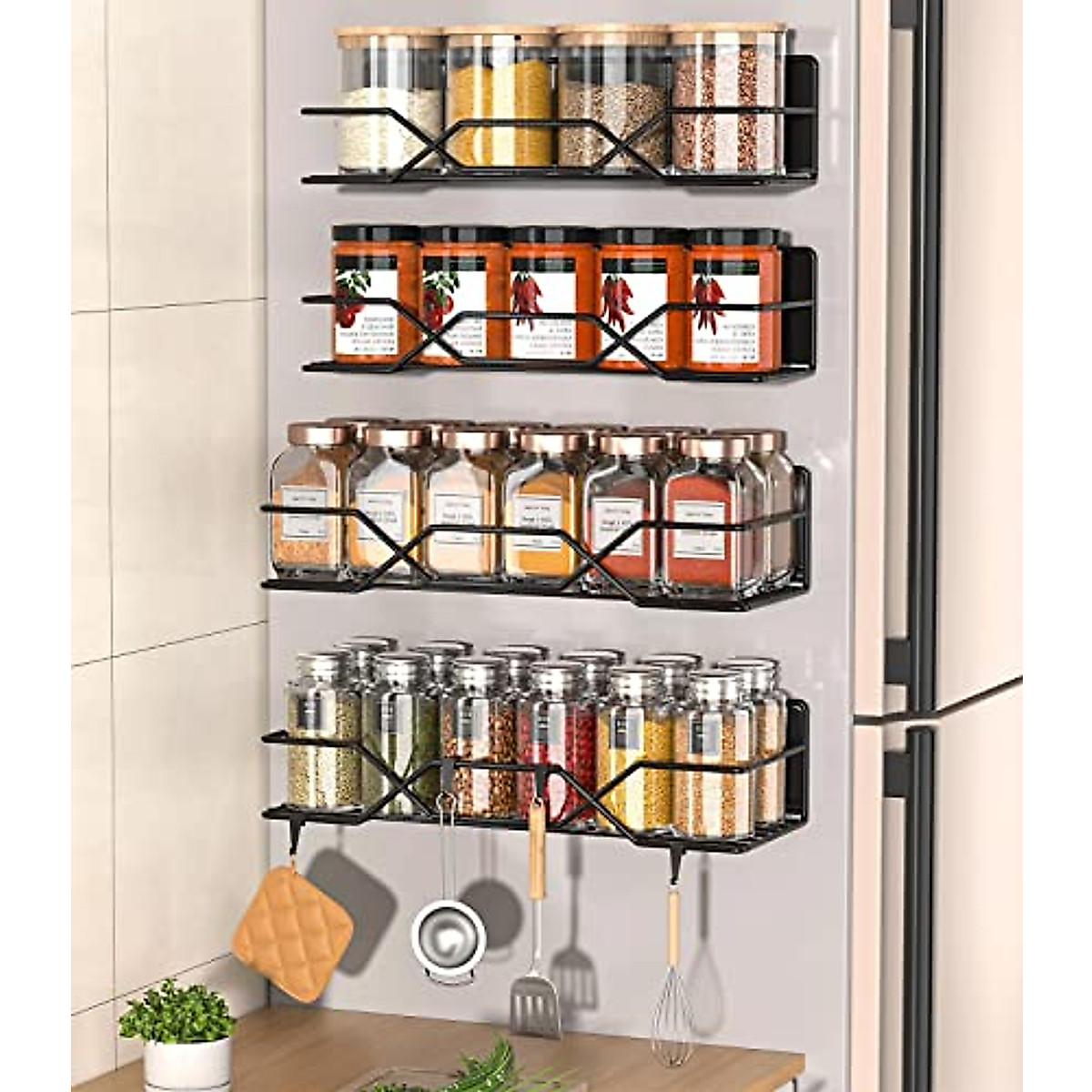 Stofiro 2 Tier Dish Drying Rack with Drainboard & 4 Pack Magnetic Spice Rack for Refrigerator