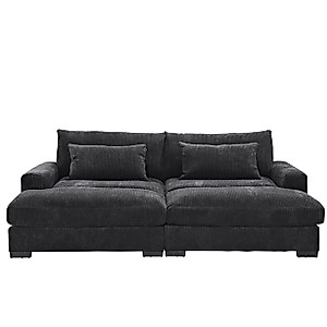Container Furniture Direct Luxe Sleeper Sofa with Soft Corduroy Upholstery, Double Chaise Design, Convertible to Twin Size Bed, Modern and Comfortable Living Room Couch, Extra Large, Black