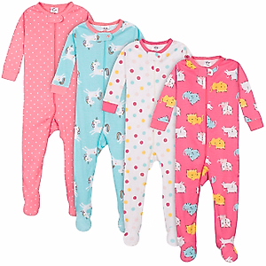 Gerber Baby Girls' 4-Pack Footed Pajamas, Unicorns Cats Pink, 12 Months