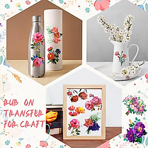 6 Sheets Floral Rub On Transfers for Crafts, 5.5 x 4 Inch Rub On Transfers Stickers, Flower Rub-On Transfers Decals for DIY Wood Paper Water Bottle