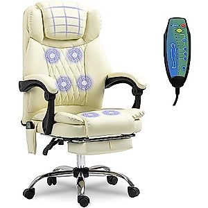 ONPNO Ergonomic Office Chair with Massager, Heated Office Chair Reclining Massage Desk Chair, Home Office Desk Chair w/Foot Rest, Padded Armrest, Height Adjustable Swivel Work Chair (White)
