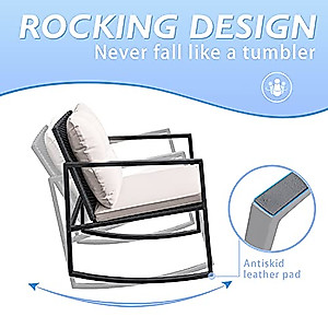 Greesum 3 Pieces Rocking Wicker Bistro Set, Patio Outdoor Furniture Conversation Sets with Porch Chairs and Glass Coffee Table, Beige