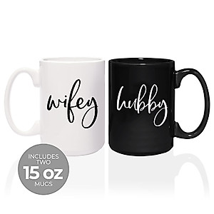 Canopy Street Wifey And Hubby Matching Mugs/Two Jumbo 15 Ounce White And Black Ceramic Mugs/Funny Husband And Wife Coffee Cup Set/Black And White Wedding Present Mug Set.