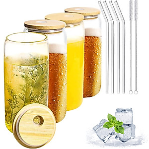 ULAXIM [ 4pcs ] Eco-friendly Glass Cups with Bamboo Lids and Straws 16oz, Iced Coffee Drinking Cups, Beer Can Glass Cup, Glass Tumbler for Cocktail, Whiskey, Soda, Tea, Water