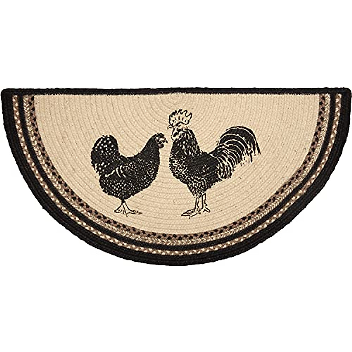 VHC Brands Sawyer Mill Small Jute Half Circle Area Rug Farmhouse Poultry Design, Entryway Kitchen Doormat Non Skid Pad 16.5x33