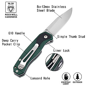 Outdoor Pocket Knife for Men with G10 Handle and 2.6-inch 8Cr13MoV Stainless Steel Blade, Portable Pocket Clip, Safety Liner Lock, Dark Green