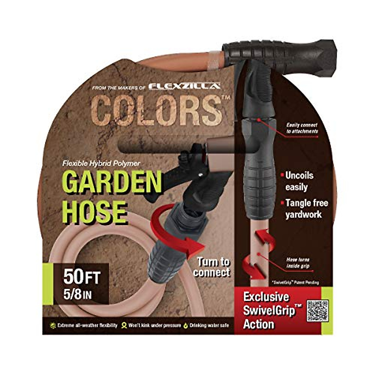 Flexzilla Colors Garden Hose with SwivelGrip, 5/8 in. x 50 ft., Drinking Water Safe, Red Clay - HFZC550TCS