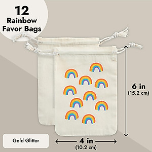 Party Favor Bags - 12-Pack Rainbow Party Favor Bags - Mini Canvas Drawstring Treat Gift Pouches, Rainbow Party Supplies | Kids Birthdays, Unicorn Parties, Rainbows with Gold Glitter, 4 x 6 Inches