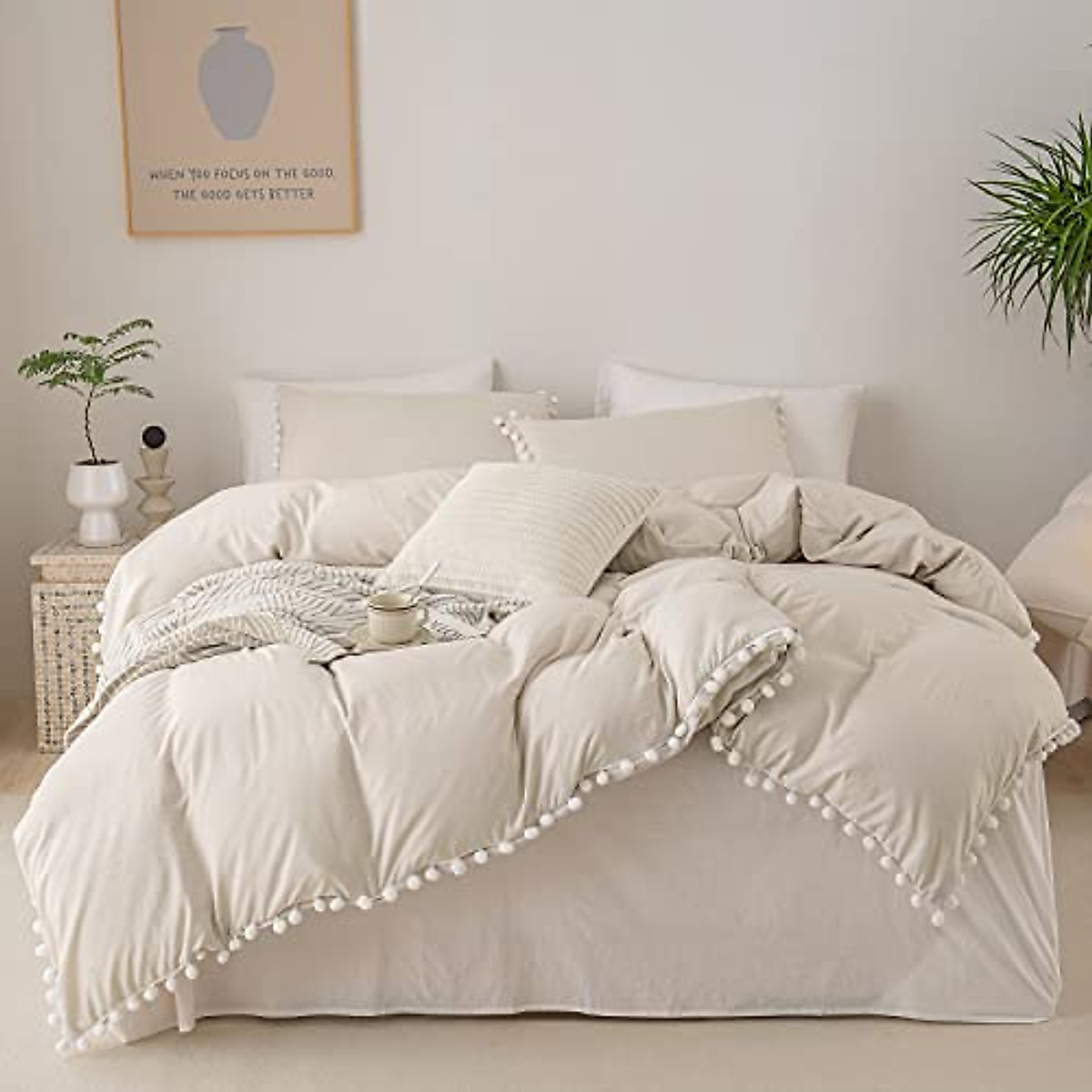 Bedbay Boho Comforter Queen Size Beige Comforter Set Ultra Soft Lightweight Queen Bed Comforter Set 3 Pcs Farmhouse Bedding for All Season(Beige,Queen)