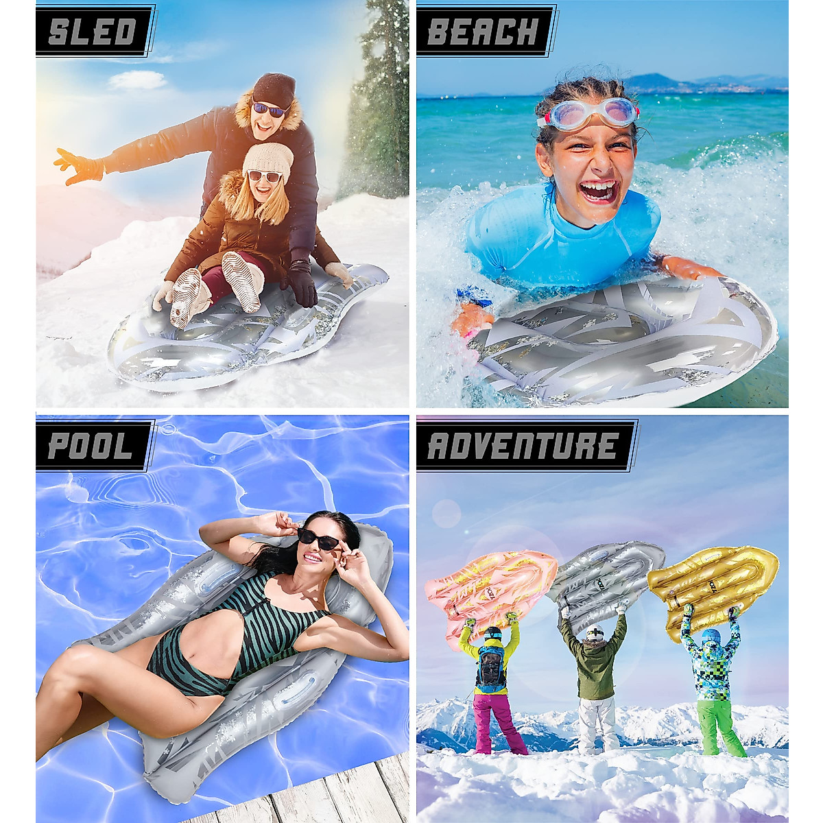 POZA Inflatable Silver Snow Boogie Sled – Luxurious Snow Sled with Handles and Filled with Silver Snowflake Confetti – Premium Heavy Duty Cold Resistant PVC Sled for Adults and Kids – 44 Inch