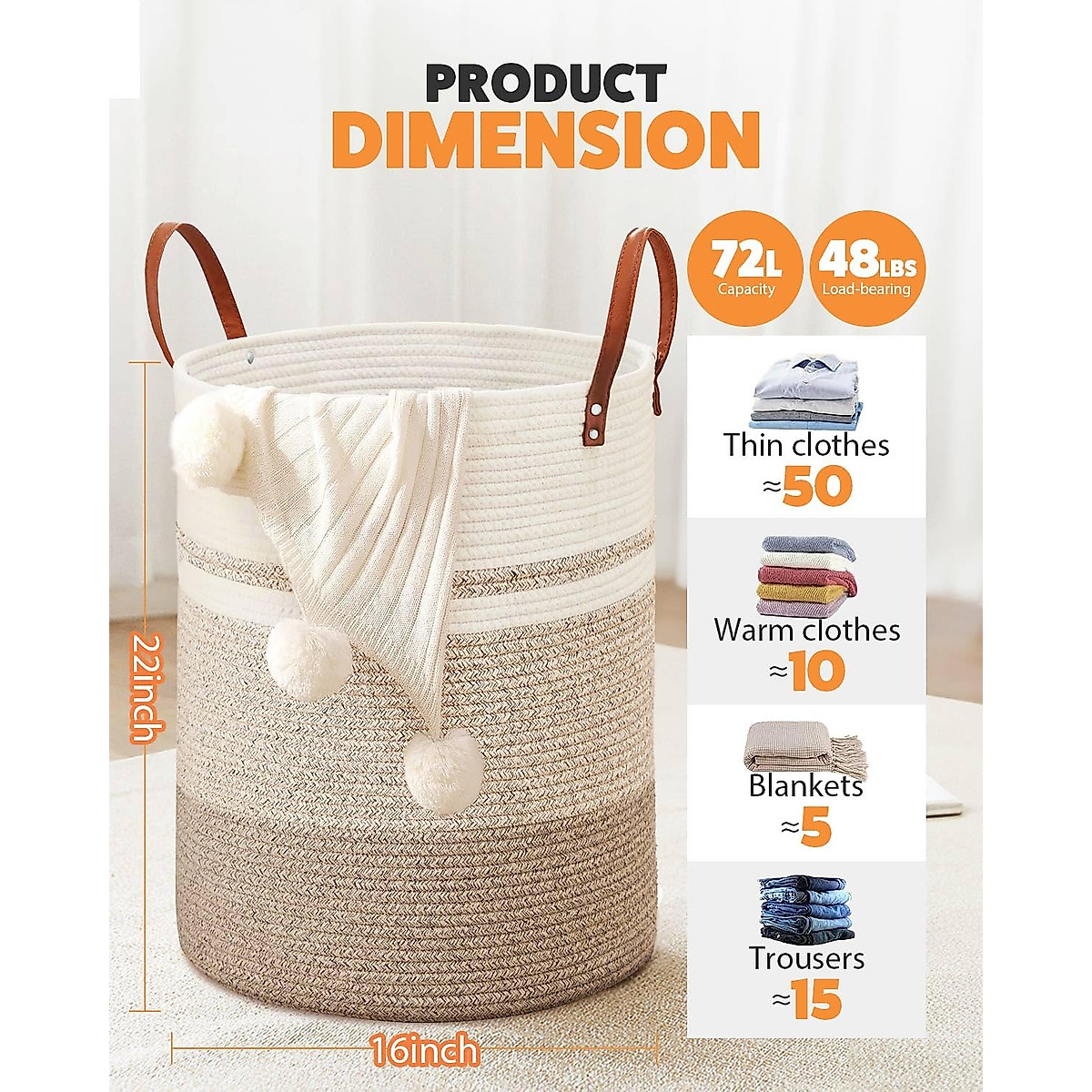 MOXTOYU Laundry Basket, Jute Dirty Laundry Hamper with Leather Handles, Woven Laundry Basket for Pillows, Blankets, Toys, Decorative Basket for Living Room, Bathroom, Bedroom - 72L Brown & White