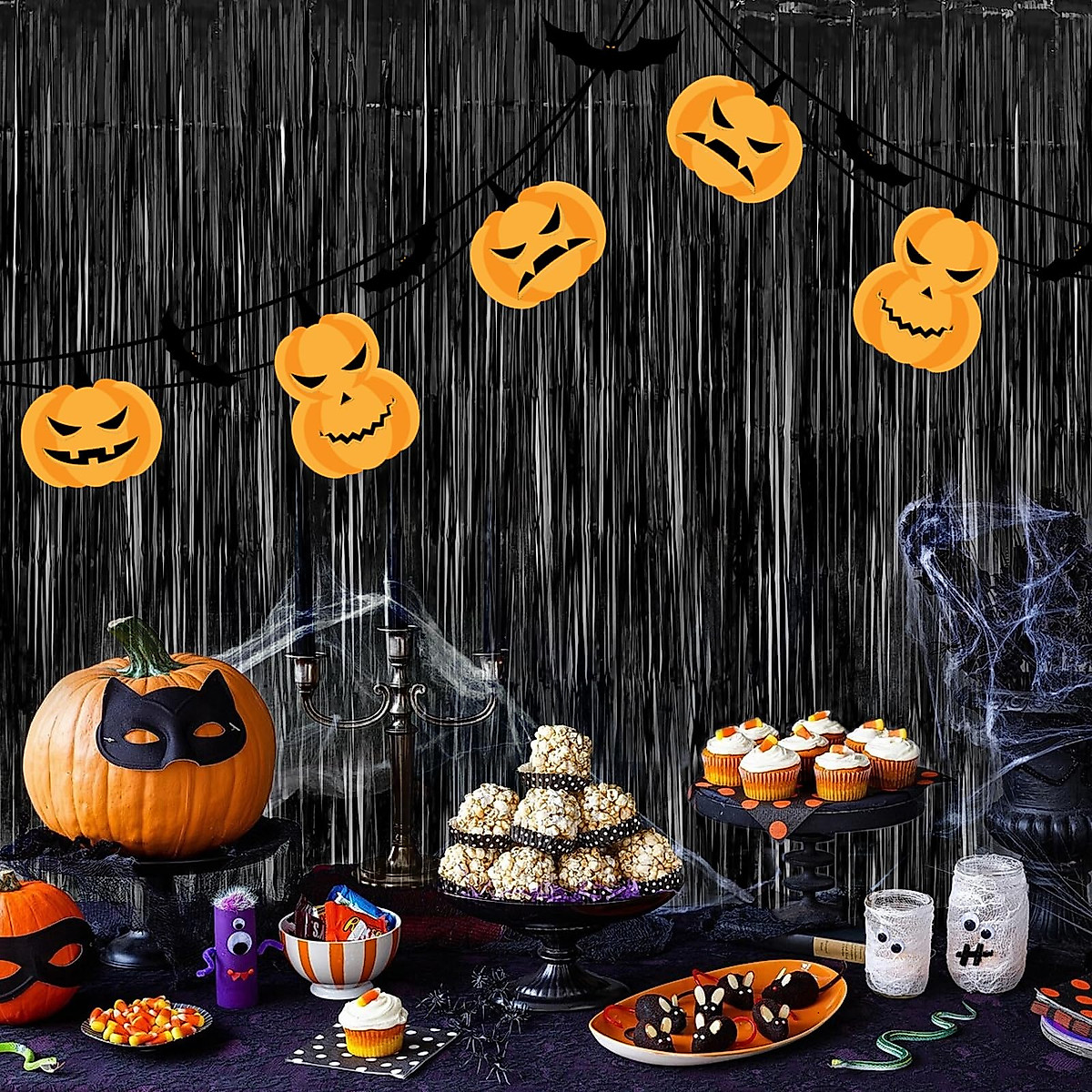 4 Pack Black Foil Fringe Curtain, Black Tinsel Backdrop, 3.3×6.6 FT Black Fringe Backdrop, Black Streamers Party Backdrop Decorations for Halloween Birthday Graduation Weedding Party Decoratios