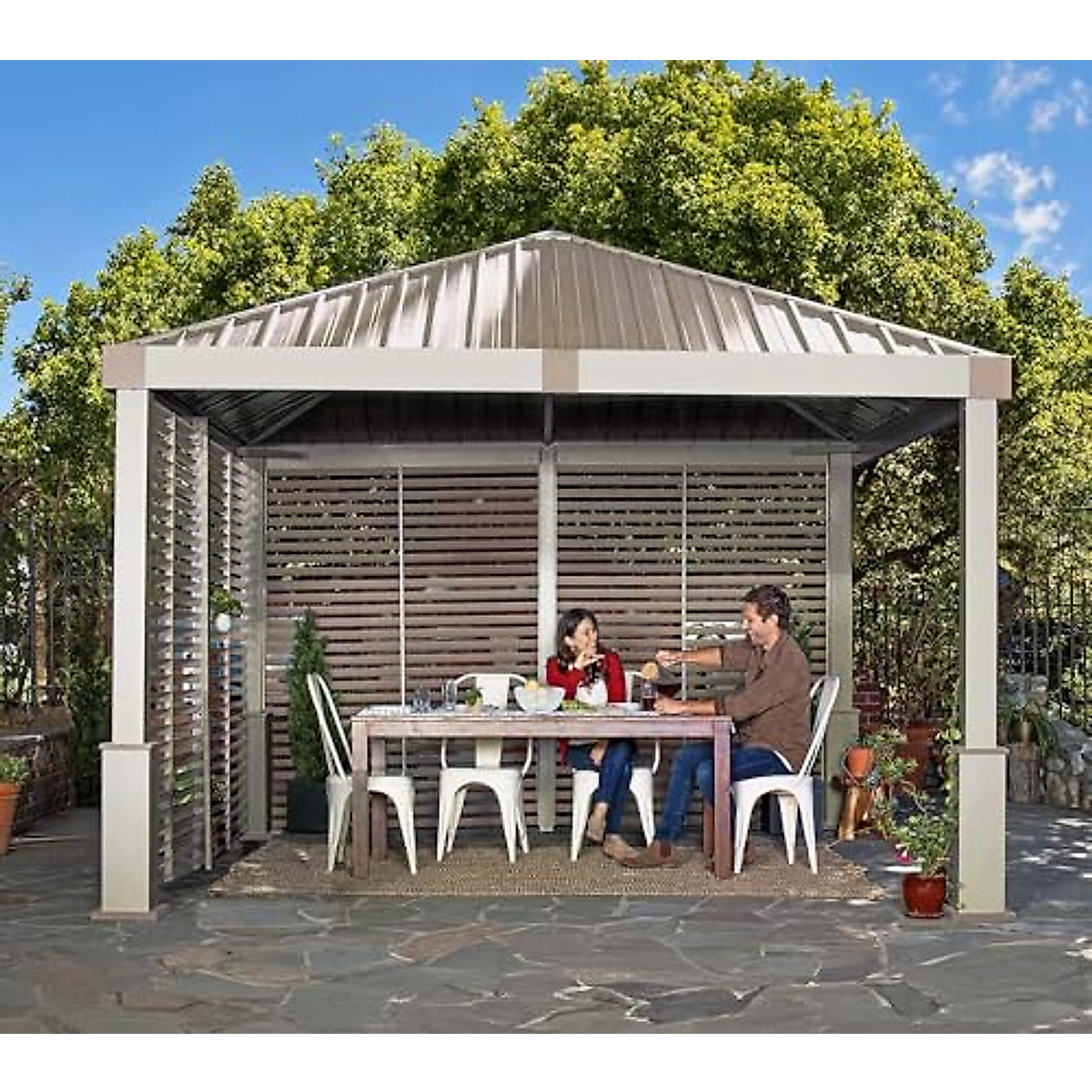 Sojag 12' x 12' Nanda Hardtop Gazebo Outdoor Weather-Resistant Aluminum Frame Shelter with Mosquito Net Champagne