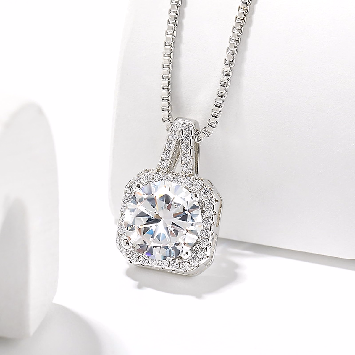 Cubic Zirconia Earrings and Necklace Set for Women 14K White Gold Plated Square Jewelry Set for Women Silver Pendant Necklace Hypoallergenic Stud Earrings Set for Girls Jewellery Gift