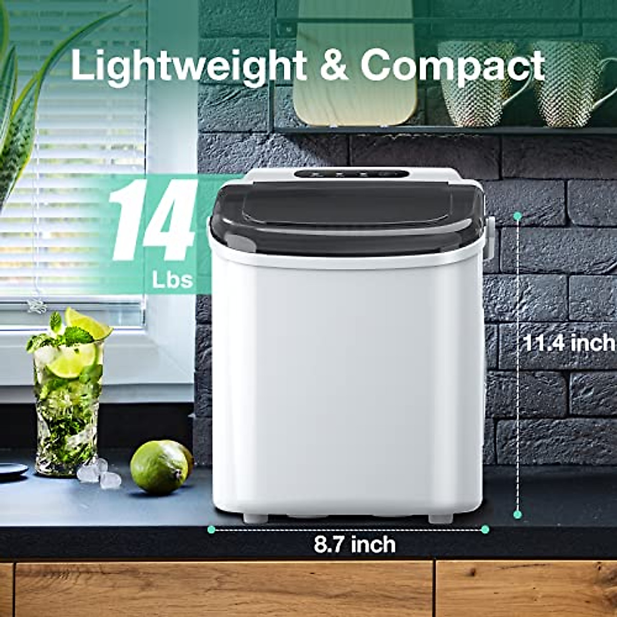 Ice Maker Countertop, Fast Ice Making in 6 Mins 9 Bullet-Shaped Ice, 26.5lbs/24Hrs, Portable Ice Maker Machine with Self-Cleaning, Ice Scoop, Ice Bags and Basket, for Home/Kitchen/Office/Bar/Party