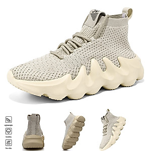 SRONGKE Men's Athletic Walking Shoes Outdoor Running Shoes Slip on Fashion Sock Sneaker (Beige,12)