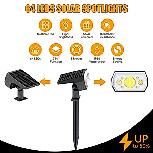 ROMELUCE 4PCS Solar Spotlight Outdoor, 64 LEDs 1000 lumens 3 Lighting Modes Solar Powered Garden Pathway Spotlights, IP66 Solar Powered Landscape Lights Wall Lights in One, for Yard Garden Tree Flag