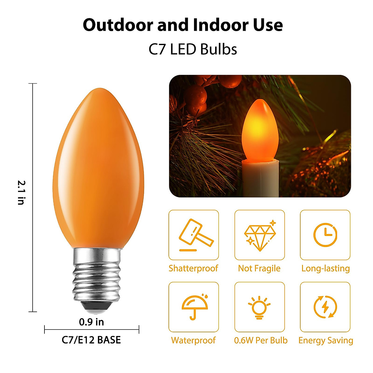 Minetom 25 Pack C7 Led Christmas Lights Bulb Replacement Light Bulbs Orange Commercial Light Bulbs，C7/E12 Candelabra Base Fits C7 Christmas Halloween Indoor Outdoor String Lights