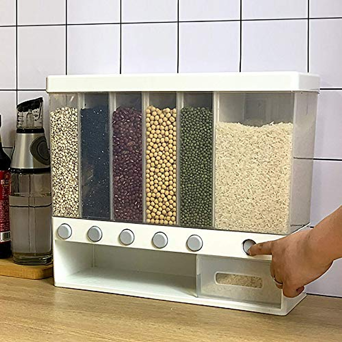 Fetcoi White Wall Mount Dry Food Dispenser, 6-In-1 Rice Coffee Bean Dispenser Wall Cereal Dispenser Countertop, 22lbs Capacity