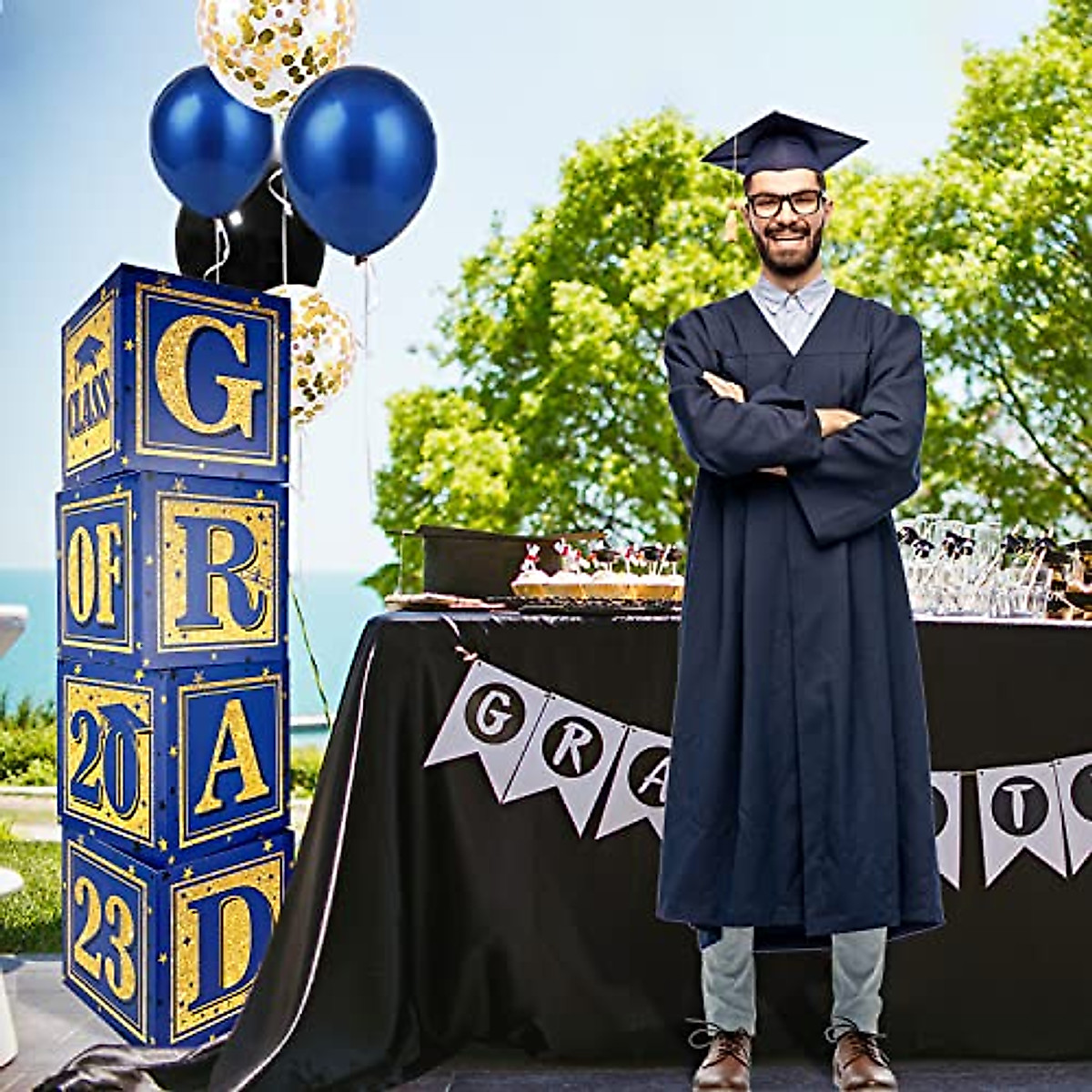 Graduation Card Box - Set of 4 Royal Blue and Gold Balloon Boxes with "GRAD" and"CLASS OF 2023" Letters Graduation Boxs for High School and College Graduation Announcements 2023 Decorations
