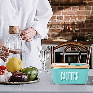 Ceramic Butter Dish with Wooden Lid, Lxmons Large Butter Container Keeper Storage with Stainless Steel Butter Knife Spreader, Bamboo Cover and Silicone Sealing Ring for West East Coast Butter, Green