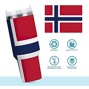 ODAWA Large Norway Flag Stainless Steel Insulated Tumblers with Handle and Straw Travel Insulated Tumblers