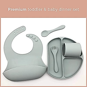 Baby Silicone Feeding Set - Baby Led Weaning Set - Baby Bib, Suction Divided Plate, Dinnerware Cup, Soft Baby Spoon & Fork - Food Grade Silicone, Toddler Utensils Plates, Baby Feeding Supplies