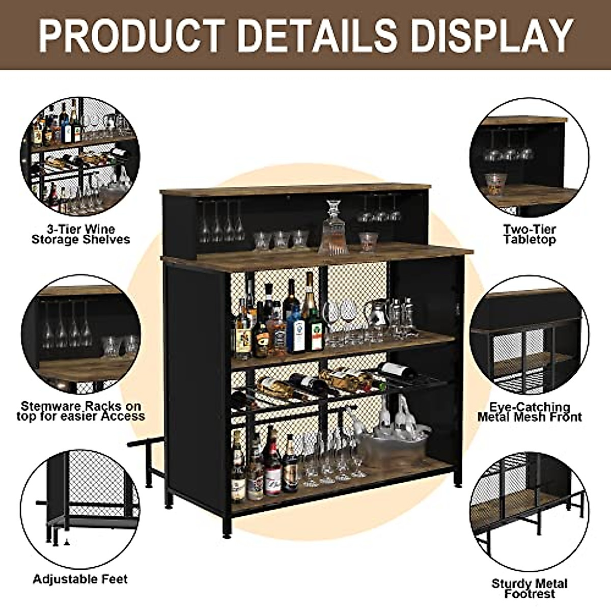 GDLF Home Bar Unit Mini Bar Liquor Bar Table with Storage and Footrest for Home Kitchen Pub (Brown)
