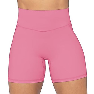 Sunzel No Front Seam Biker Shorts for Women with Pockets, Yoga Workout Gym Bike Shorts with Tummy Control 5" Bubblegum Pink Medium