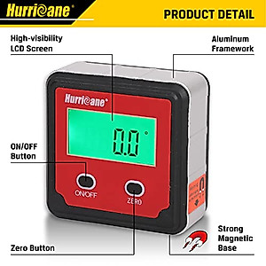 HURRICANE Digital Level Box and Angle Finder, Magnetic Digital Angle Gauge, Protractor Inclinometer Aluminum Framework with Magnet, Measures 0-90 Degree Ranges, 4 X 90 Degree